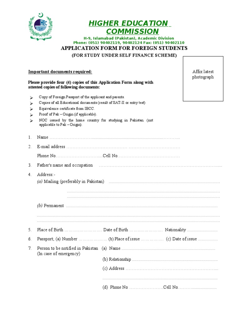 Higher Education Commission: Application Form For Foreign Students ...