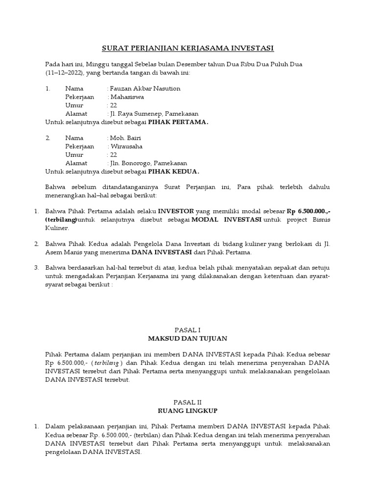 Surat Perjanjian Kerjasama Investasi | PDF