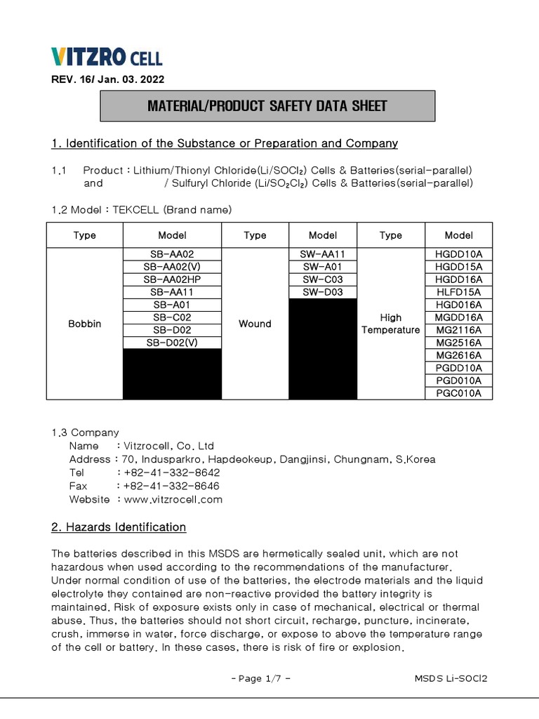 MSDS for Lithium/Thionyl Chloride Batteries | PDF | Oxide | Sulfur