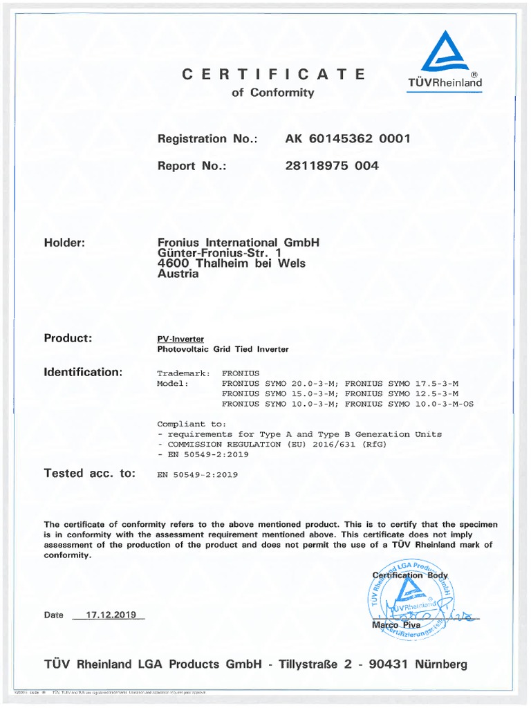 SE CER Conformity EN 50549-2 RFG Fronius Symo 10.0-3-M - 20.0-3-M EN | PDF