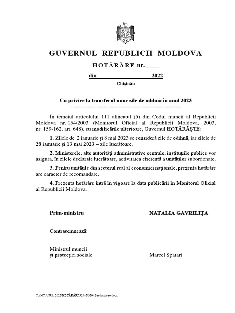 Proiect de Hotarare A Guvenlui - Zile Libere in 2023 | PDF