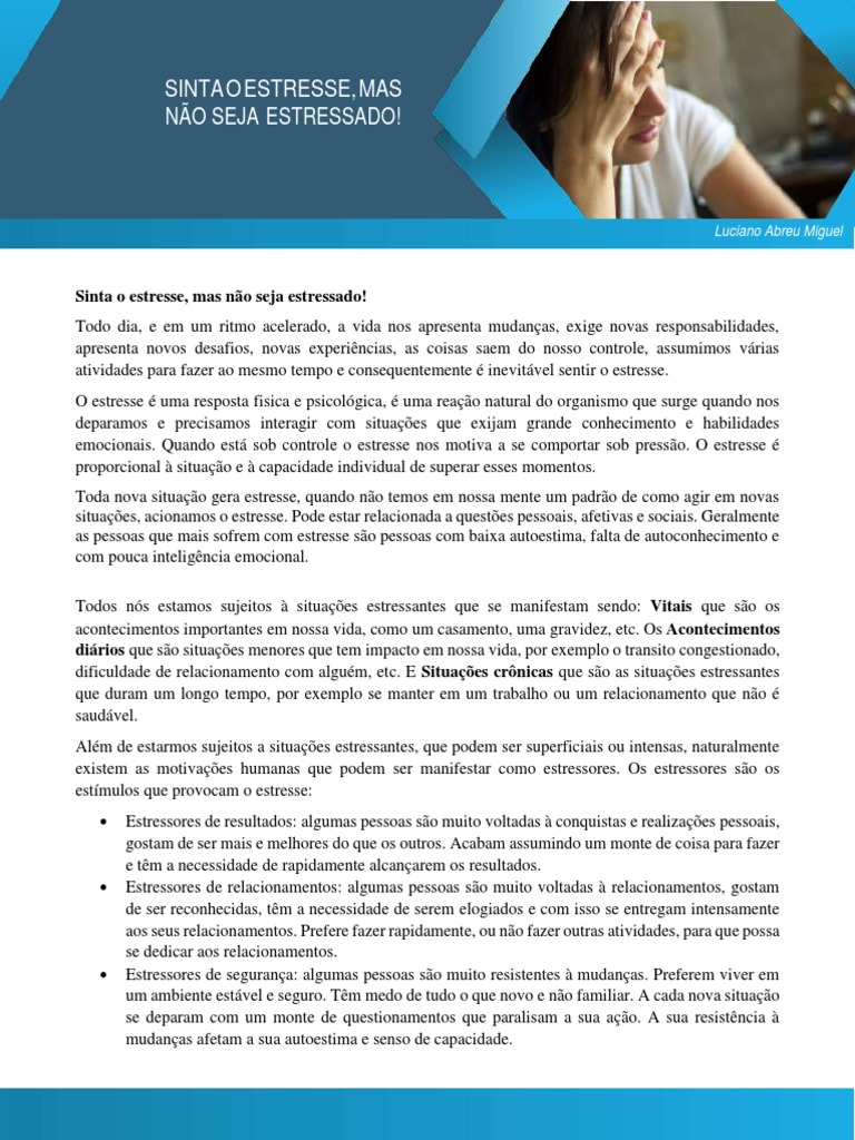 Como Lidar Com o Stress - PDF Versão 1 | PDF | Estresse (Biologia) | Dor