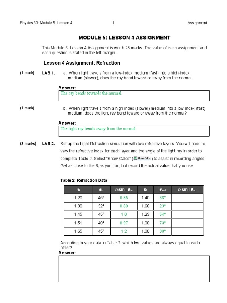 Unit C Module 5 Assignment 4 | PDF | Refraction | Angle
