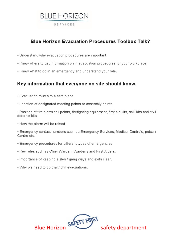 Blue Horizon Evacuation Procedures Toolbox Talk | PDF | Emergency ...