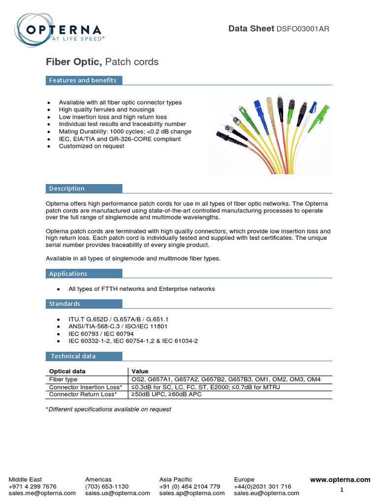 Fiber Optic Patch Cord Specifications | PDF | Electronics | Electrical ...