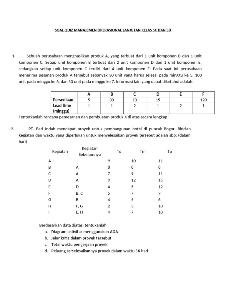 Soal Quiz Manajemen Operasional Lanjutan Kelas 5C Dan 5D 2022 | PDF