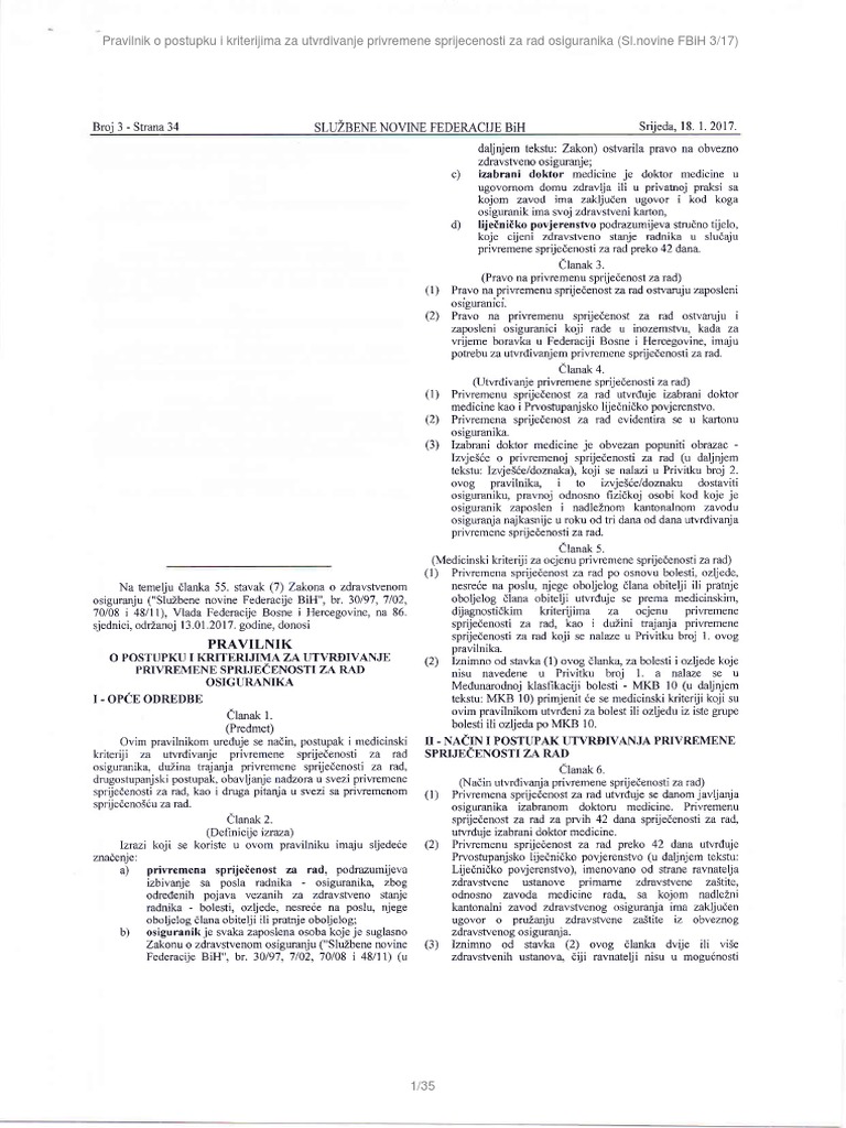 Pravilnik o Postupku I Kriterijima Za Utvrđivanje Privremene Spriječenosti Za Rad Osiguranika ...