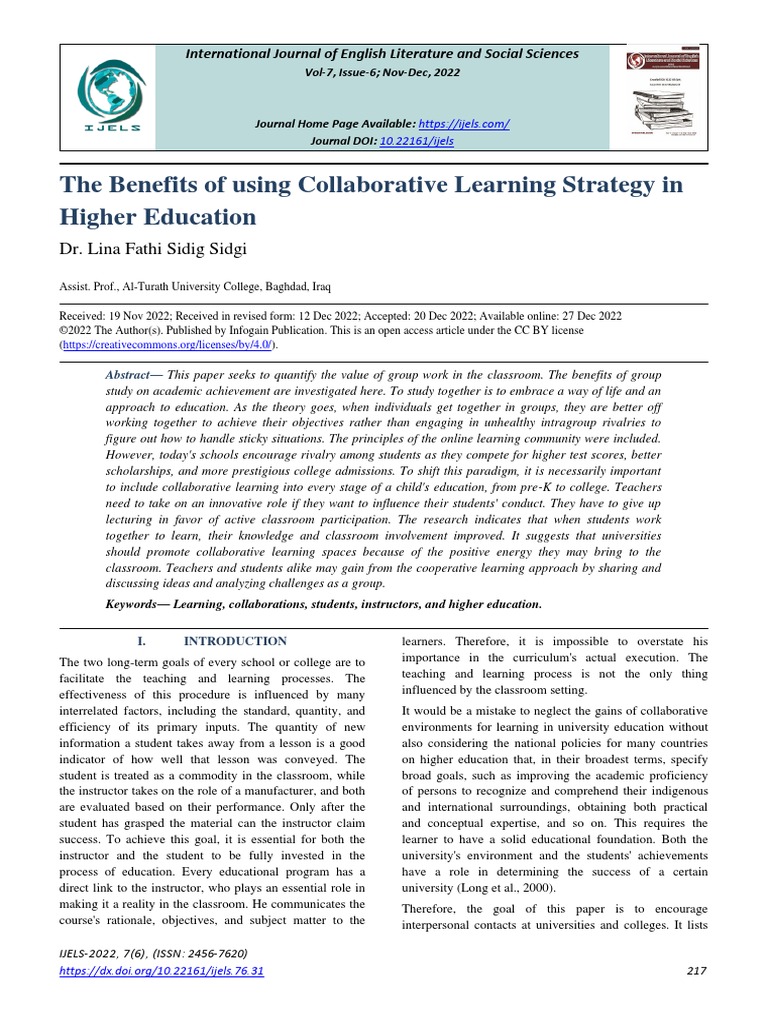 The Benefits of Using Collaborative Learning Strategy in Higher ...