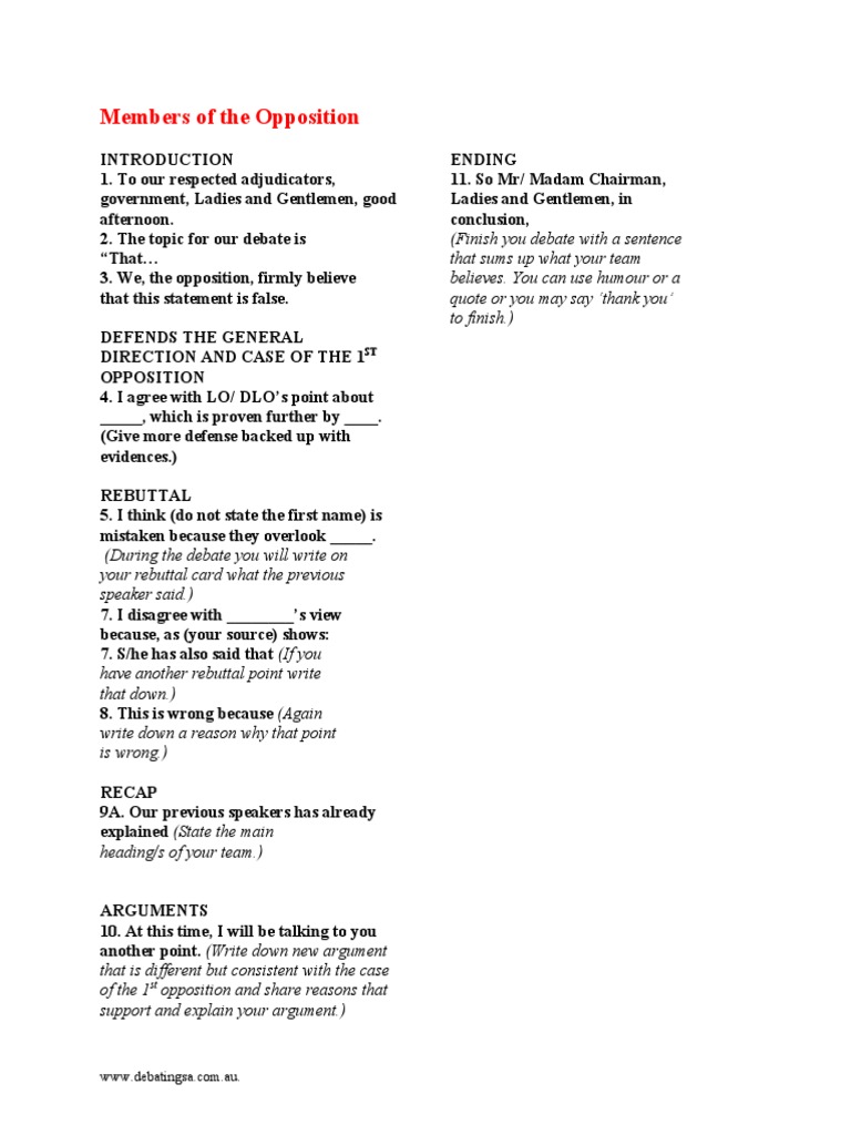 Structure for Opposition Team Debate | PDF | Language Arts & Discipline