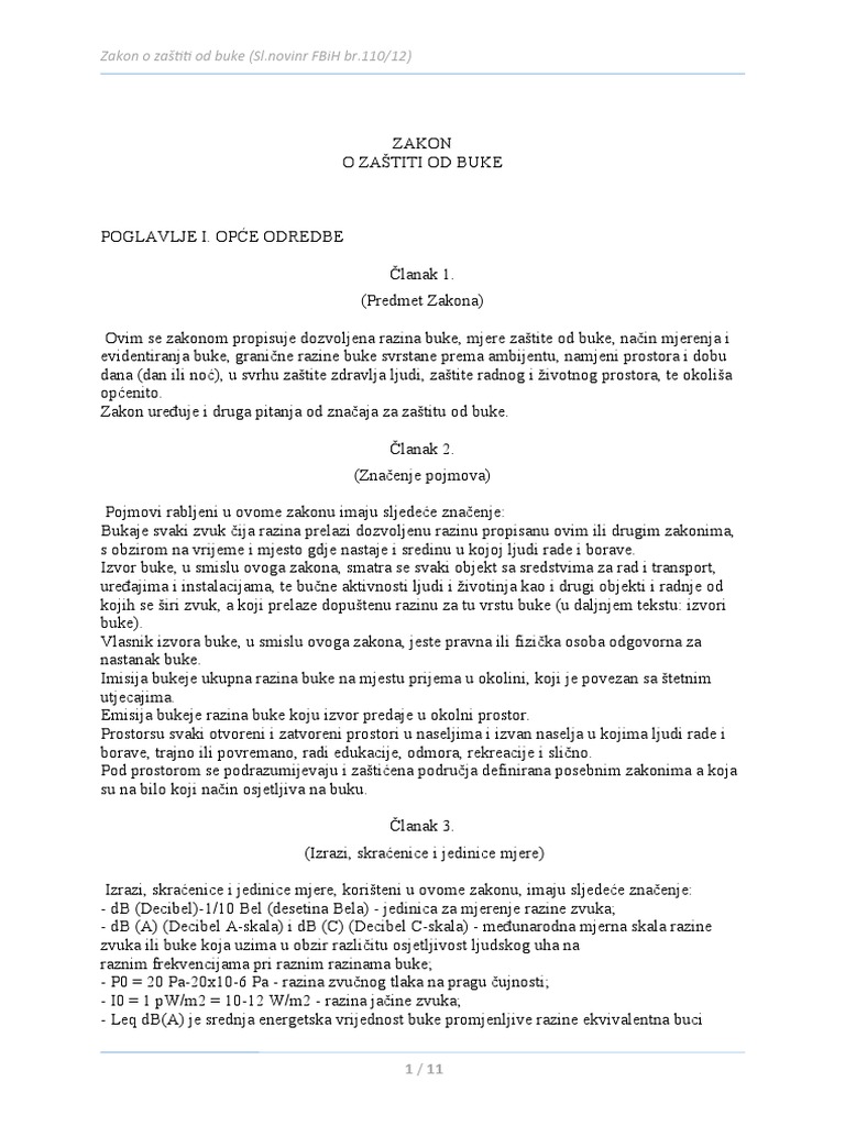 ZAKON o Zaštiti Od BUKE (SL - Novinr FBiH br.110-12) | PDF