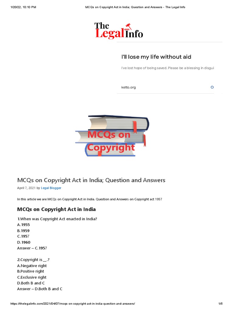 MCQs On Copyright Act in India Question and Answers - The Legal Info ...