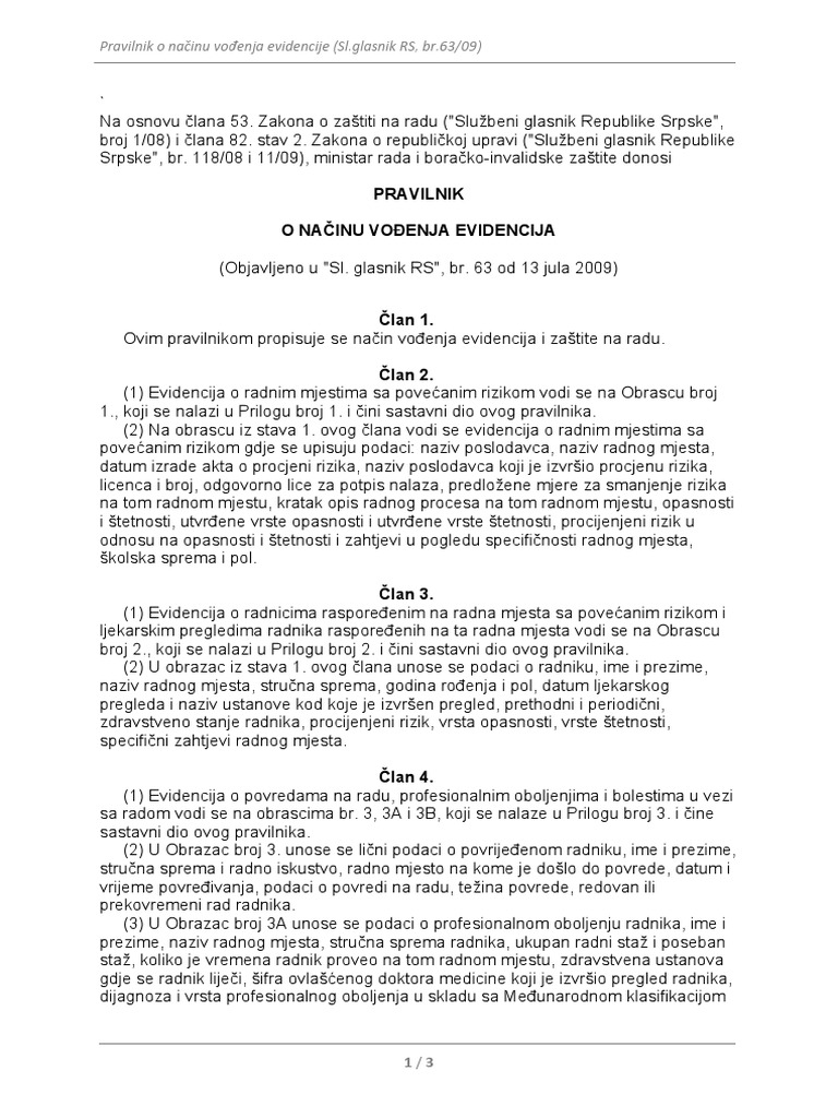 Pravilnik o Načinu Vođenja Evidencije (SL - Glasnik RS, br.63-09) | PDF