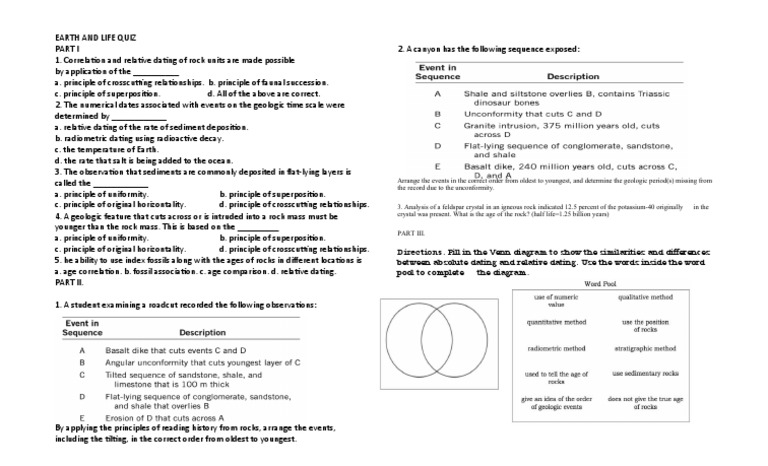 Earth and Life Quiz: Geologic Dating Principles | PDF | Geology ...