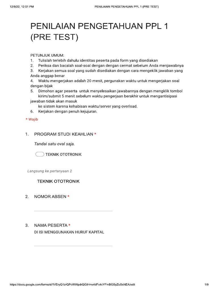 Soal Pre Test PPL 1 | PDF