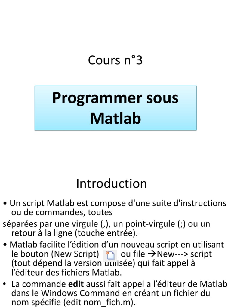 Cours de Programmation Matlab: Scripts et Fonctions | PDF | Structure de contrôle | MATLAB