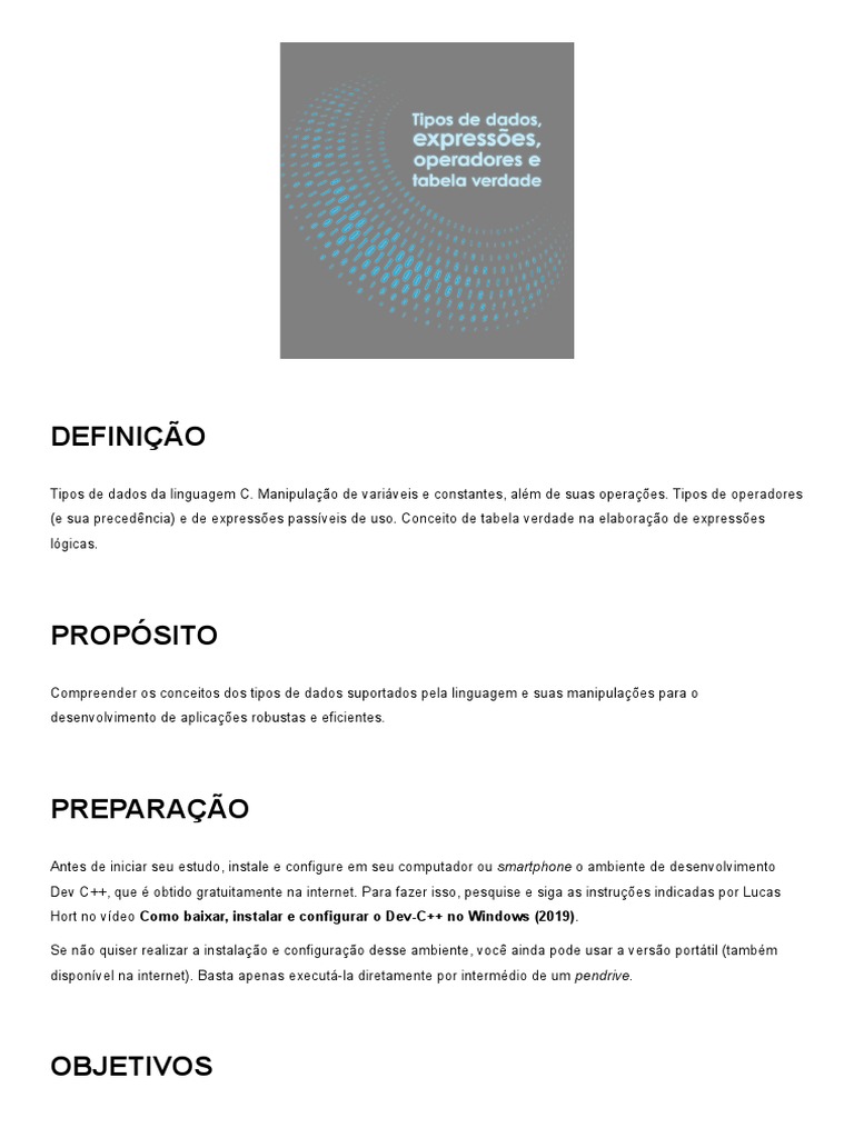 Tipos de dados, variáveis, constantes e operadores na linguagem C | PDF