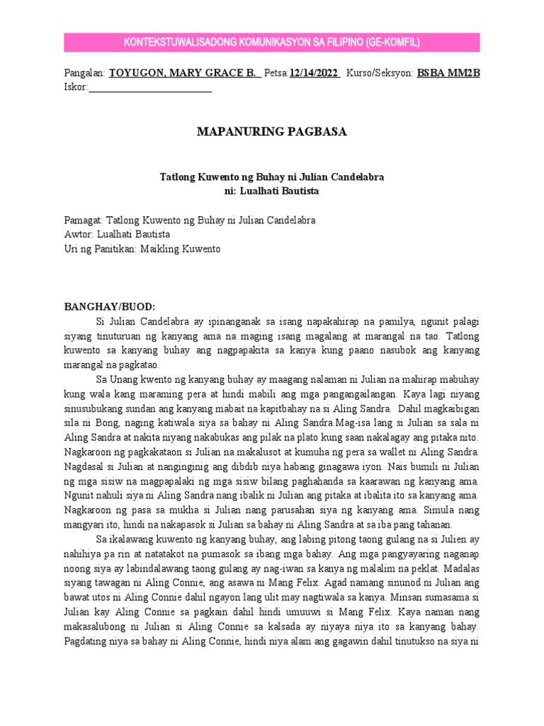 Pinal Na Awtput - Mapanuring Pagbasa - KOMFIL | PDF