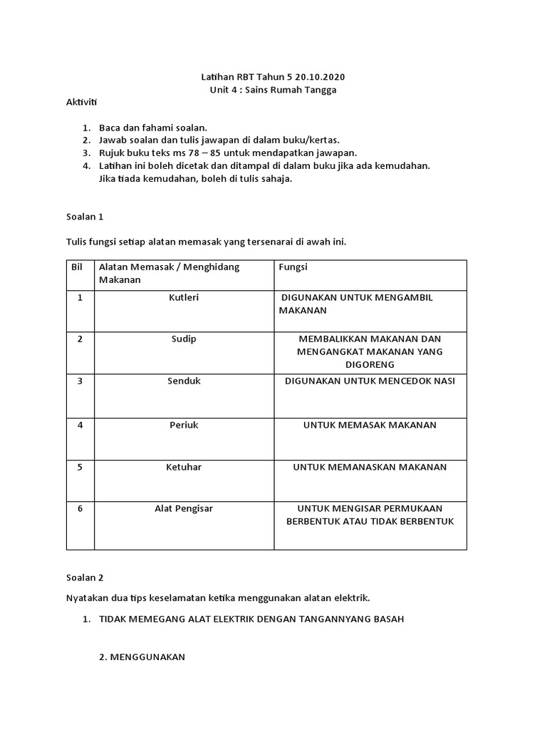 Latihan RBT Tahun 5 20.10.2020 | PDF