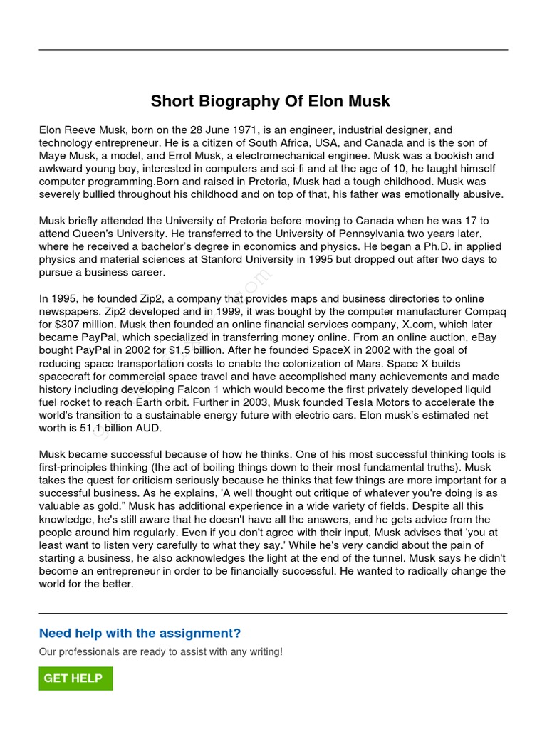 Short Biography of Elon Musk | PDF | Elon Musk | Spaceflight
