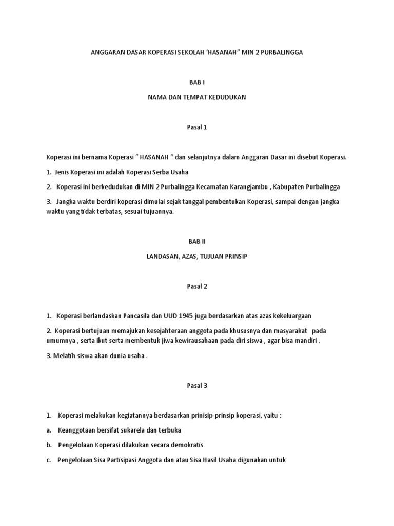 Anggaran Dasar Koperasi Sekolah Min 2 PBG | PDF