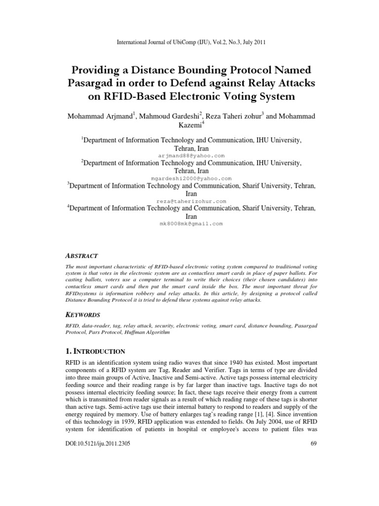 Providing A Distance Bounding Protocol Named Pasargad in Order To Defend Against Relay Attacks ...