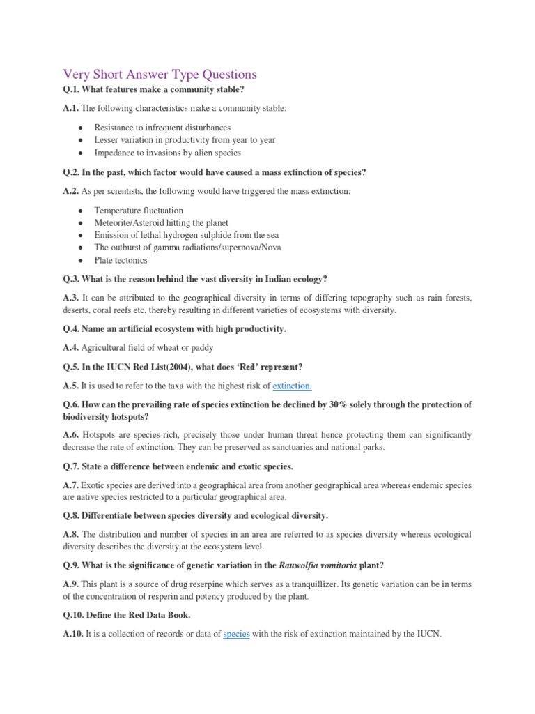 Biodiversity Short Answer Questions | PDF | Biodiversity | Conservation ...