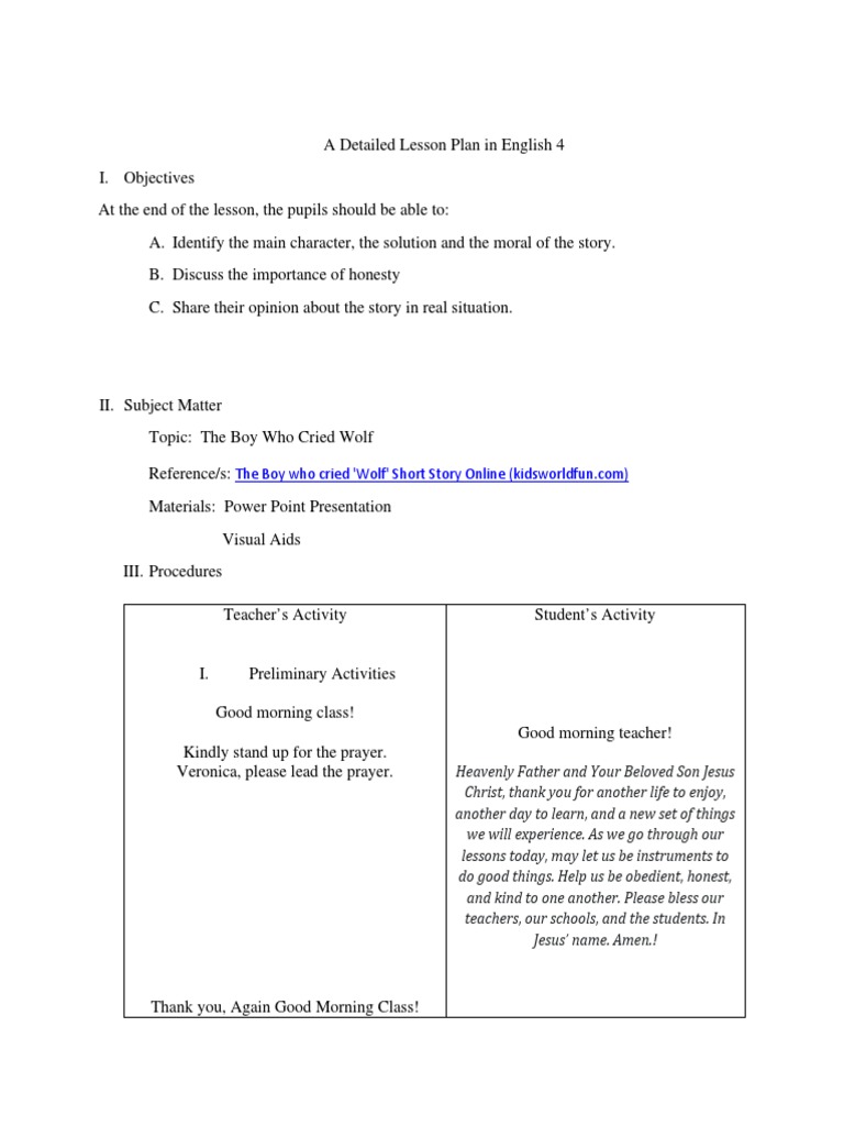 A Detailed Lesson Plan in English 4 - RICA | PDF | Teachers | Lesson Plan