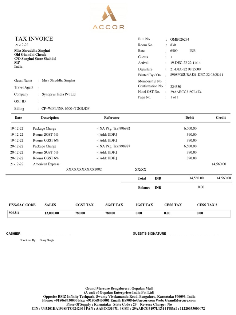 Hotel Bill | Download Free PDF | Payments | Sales