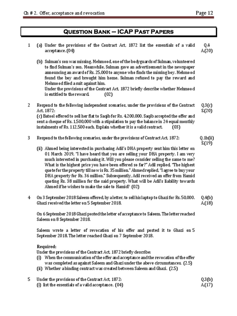 Chapter # 2 Past Papers Questions | PDF | Offer And Acceptance | Civil ...