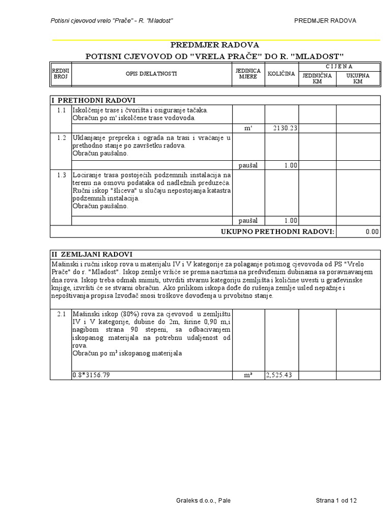 06.1 Predmjer Potisni Cjevovod | PDF