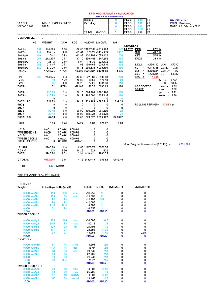 SW Draft 2.51M 3.58M 4.60M 2.09M: Trim and Stability Calculation | PDF | Ships | Shipping
