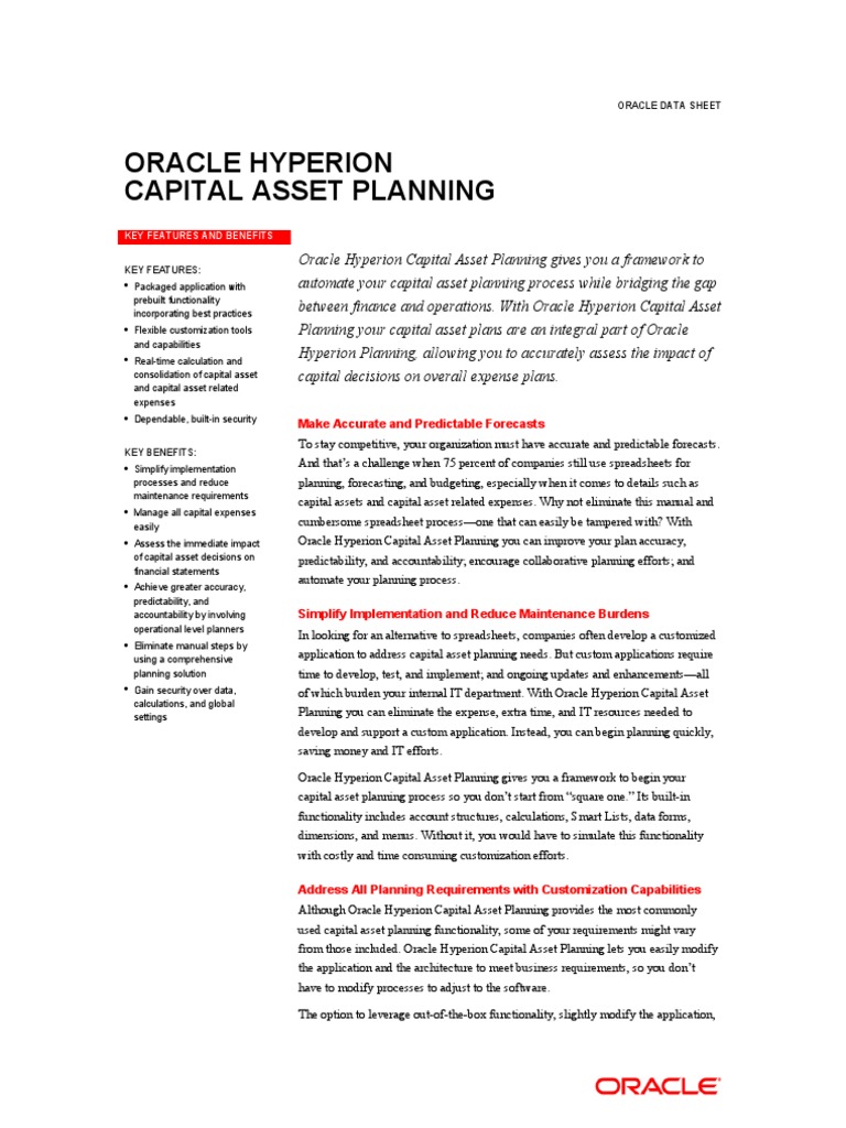 Oracle Hyperion Capital Asset Planning: Key Features and Benefits | PDF ...