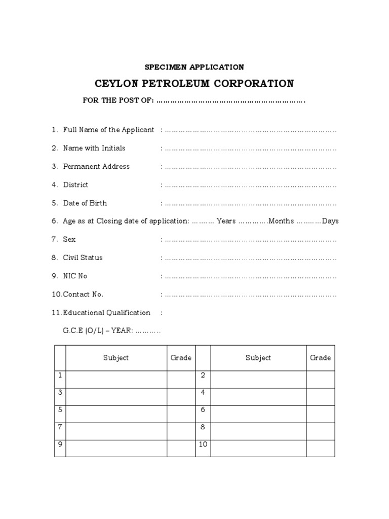 Ceylon Petroleum Job Application Form | PDF | Educational Stages