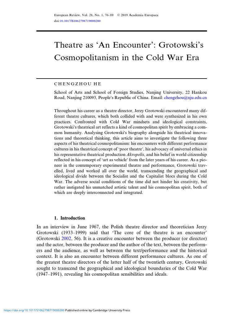 Theatre As An Encounter Grotowskis Cosmopolitanism in The Cold War Era | PDF | Cosmopolitanism