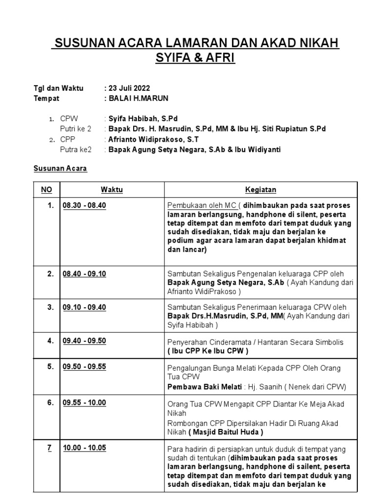 Susunan Acara Lamaran Dan Akad Nikah | PDF