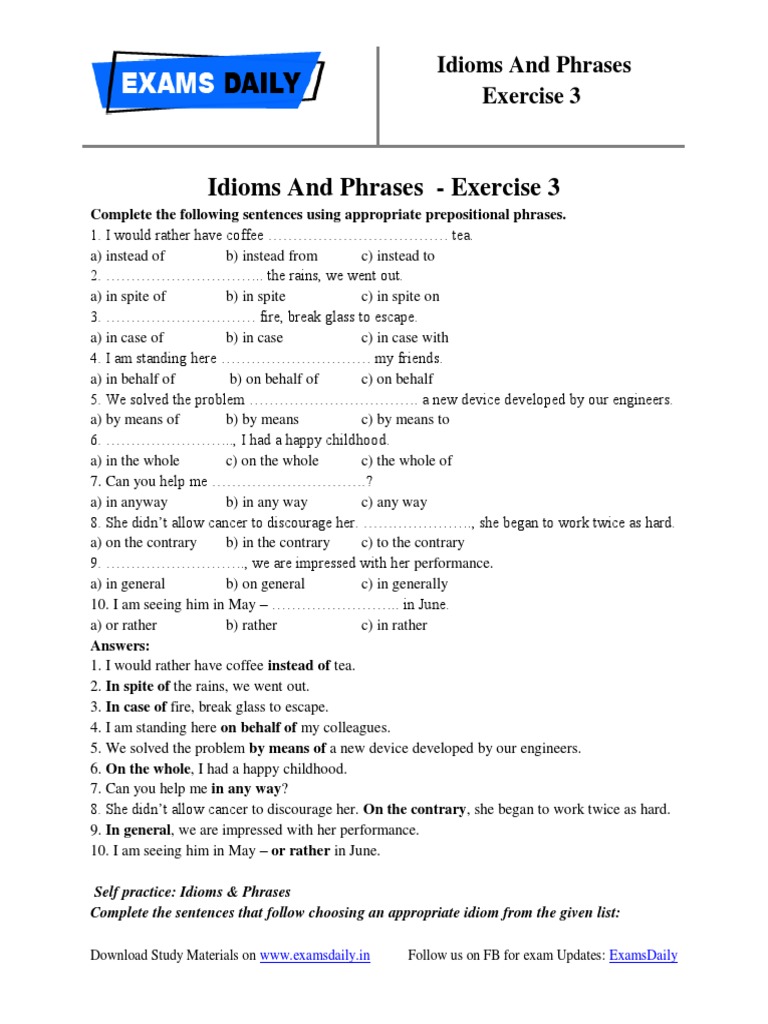 Exam Prep: Idioms & Phrases | PDF | Sports & Recreation | Language Arts ...