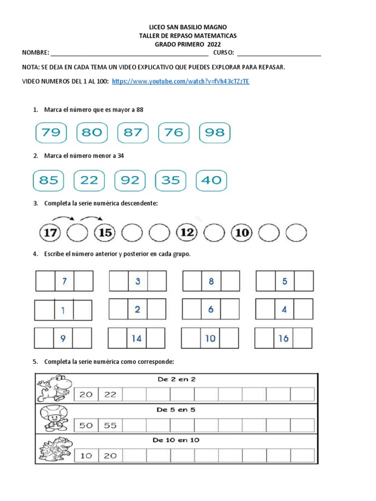 Taller de Repaso Final de Matematicas 1° | PDF