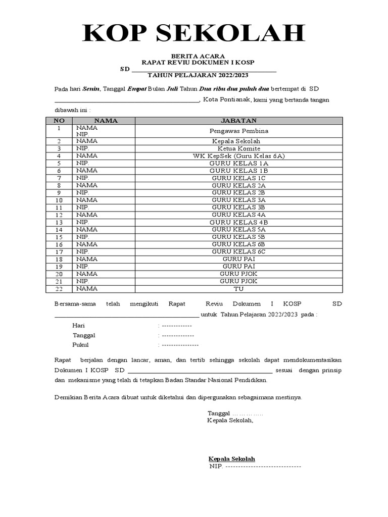 Berita Acara Rapat Review Dokumen Kosp-Kurikulum Sekolah Tahun 2022-2023 | PDF