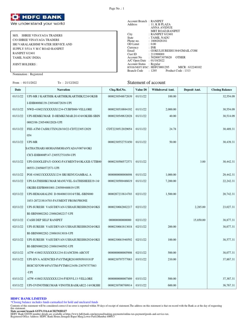 Statement of Account: Date Narration Chq./Ref - No. Value DT Withdrawal ...