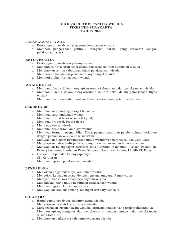 Jobdesk Panitia Wisuda FIKES UDB 2022 | PDF | Karier & Perkembangan | Seni