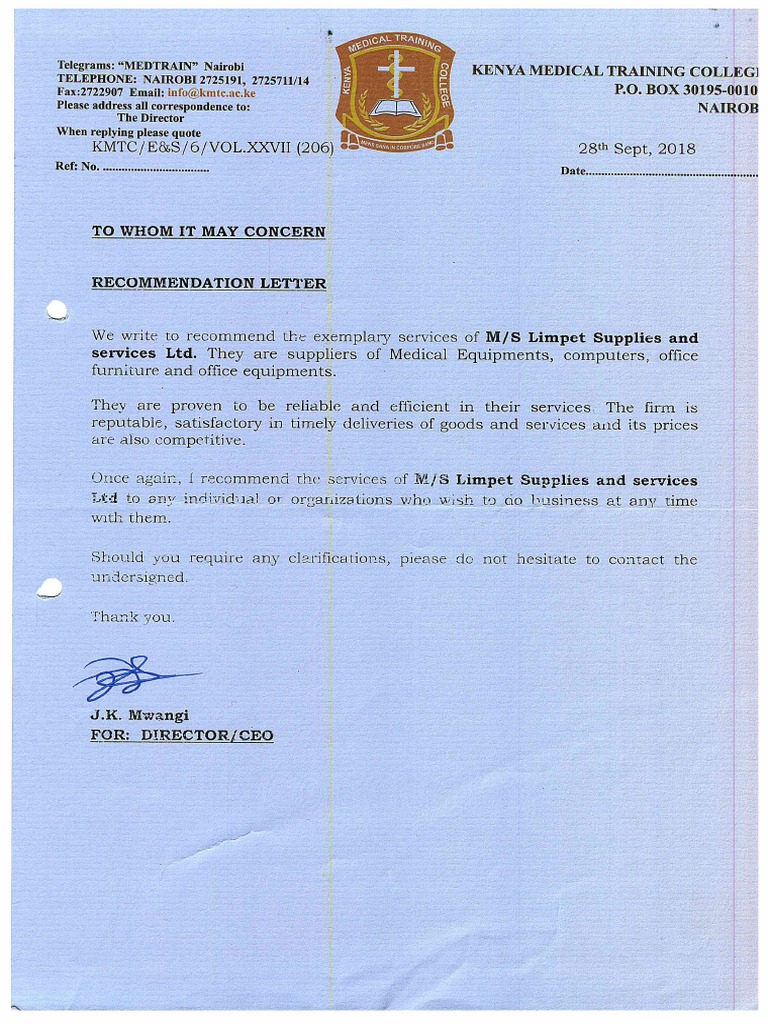 KMTC Recommendation Letter | PDF