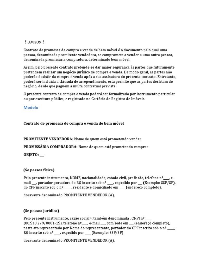 Modelo Contrato de Promessa de Compra e Venda de Bem Movel | PDF ...