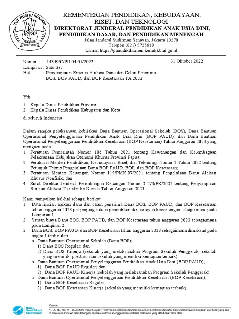 Penyampaian Rincian Alokasi Dana Dan Calon Penerima BOS, BOP PAUD, Dan BOP KesetaraanTA 2023 | PDF