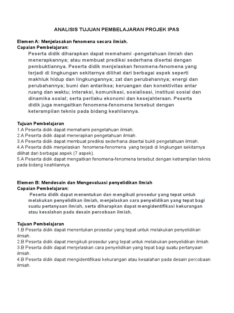 Tujuan Pembelajaran Proyek IPAS Kelas 10 | PDF | Seni