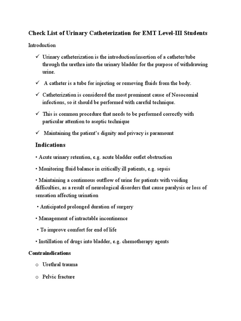 Check List of Urinary Catheterization For EMT Level | PDF | Urinary ...