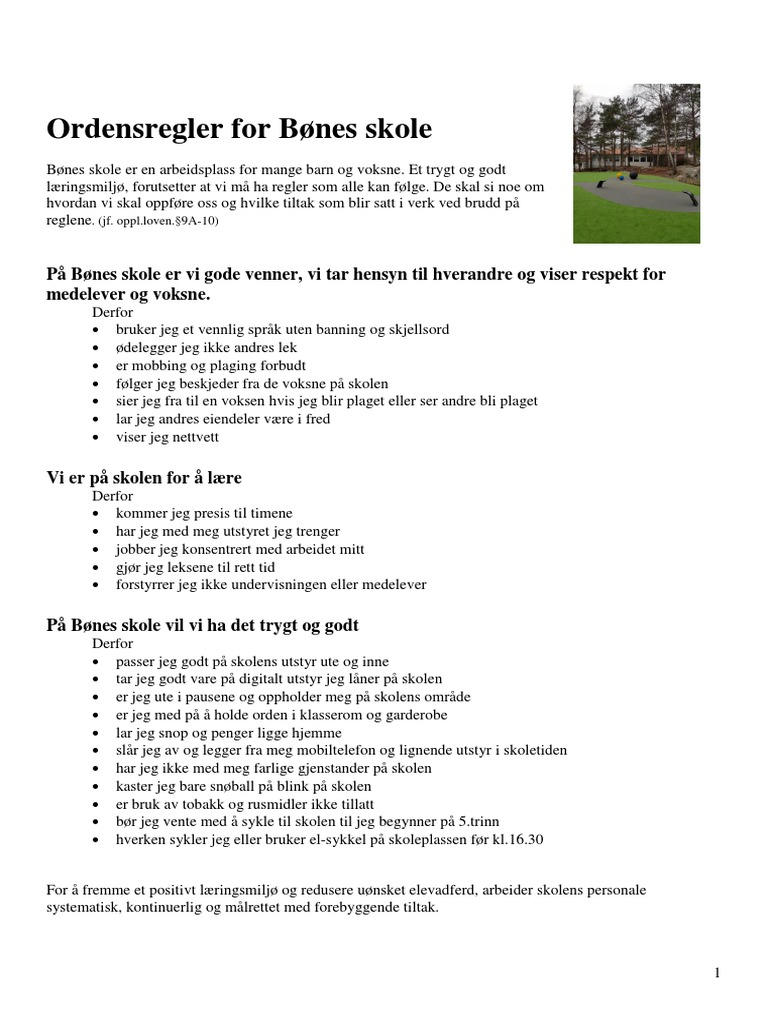 Ordensregler Bønes Skole Revidert Høst 22 | PDF