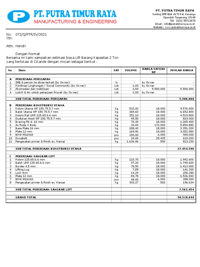 072-Penawaran Cargo Lift 2T-Unican - 020421 | PDF