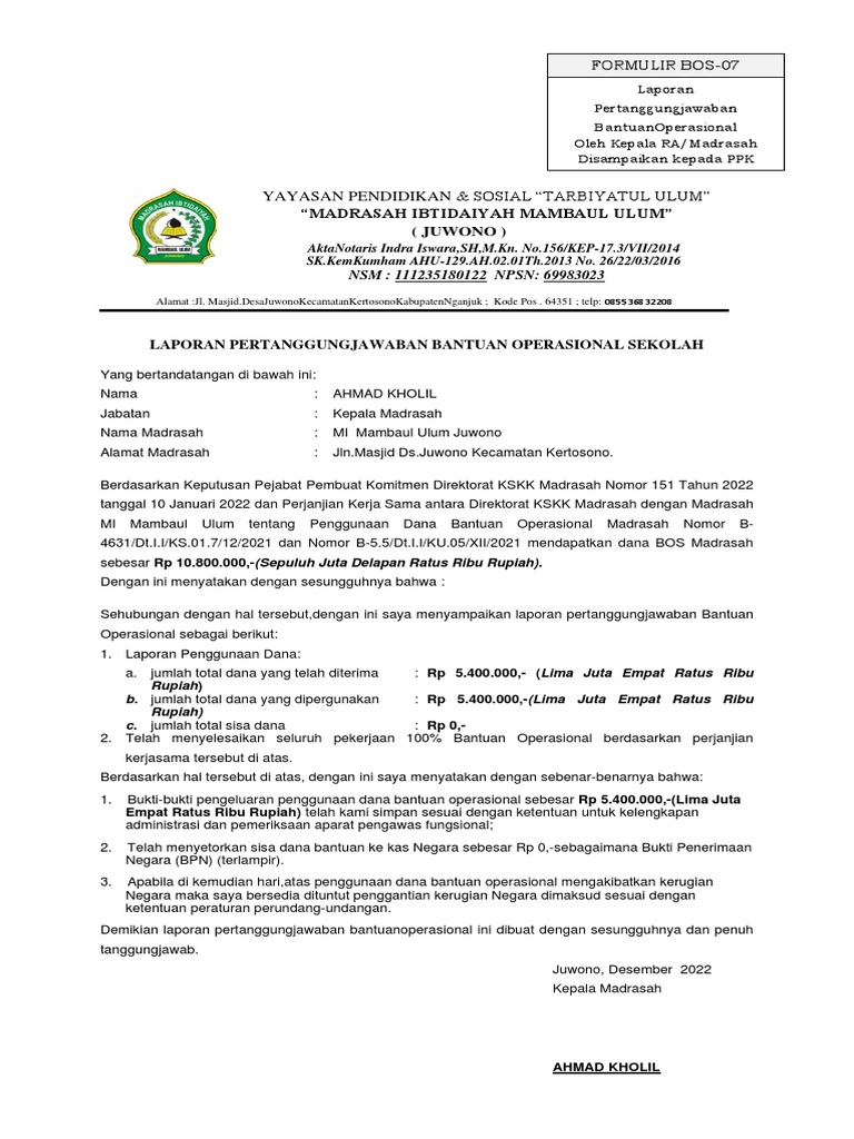 Form 08 Laporan Pertanggungjawaban Bos | PDF
