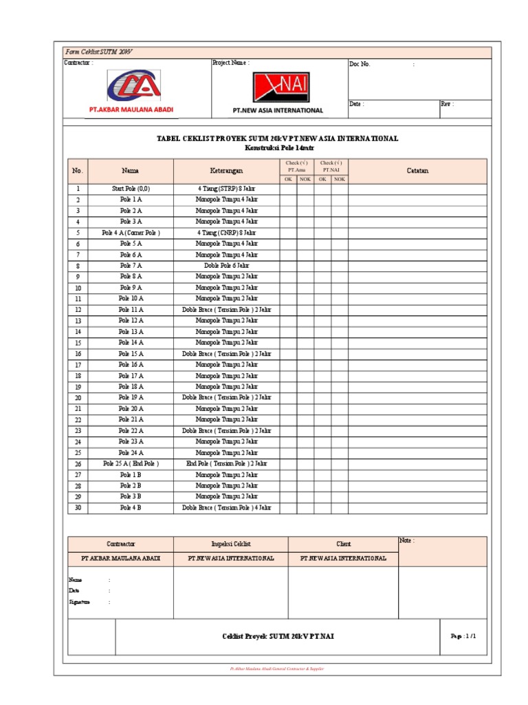 Form Ceklist Konstruksi Pole | PDF