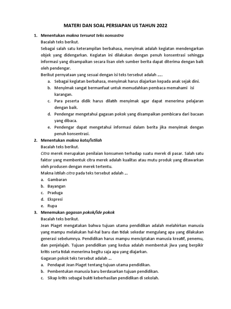 Materi Dan Soal Persiapan Us Tahun 2022 | PDF